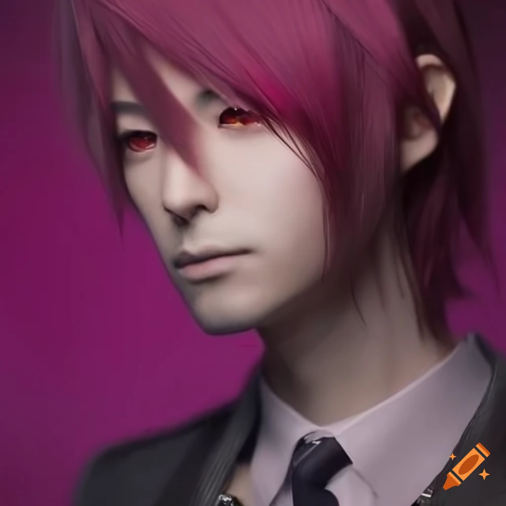 Realistic portrayal of male kasane teto with long dark magenta hair and ...