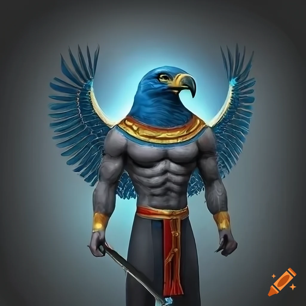 Horus with blue eagle head and wrestler's body in a photorealistic ...