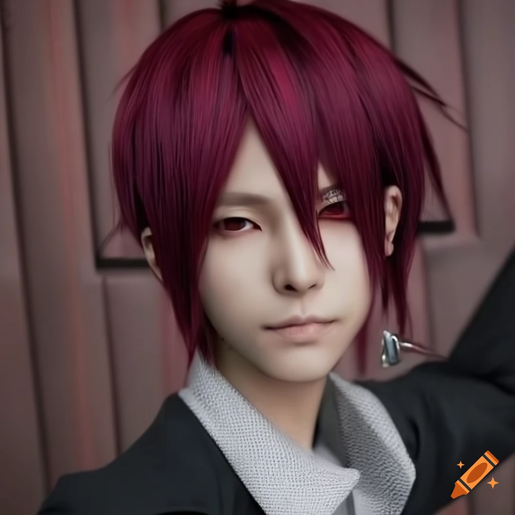 Realistic portrayal of male kasane teto with long dark magenta hair and ...