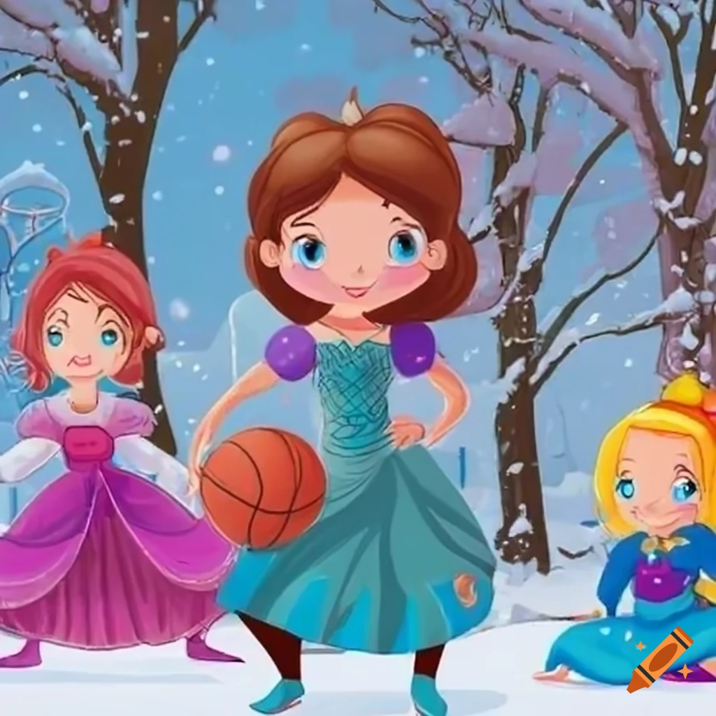 Cartoon princesses playing basketball on a snowy playground on Craiyon