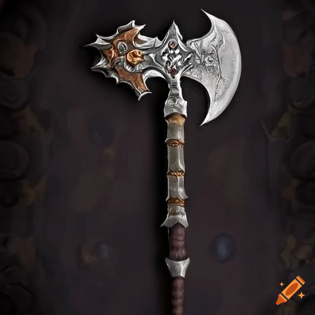 Ornate battleaxe scythe hybrid melee weapon with detailed and realistic ...
