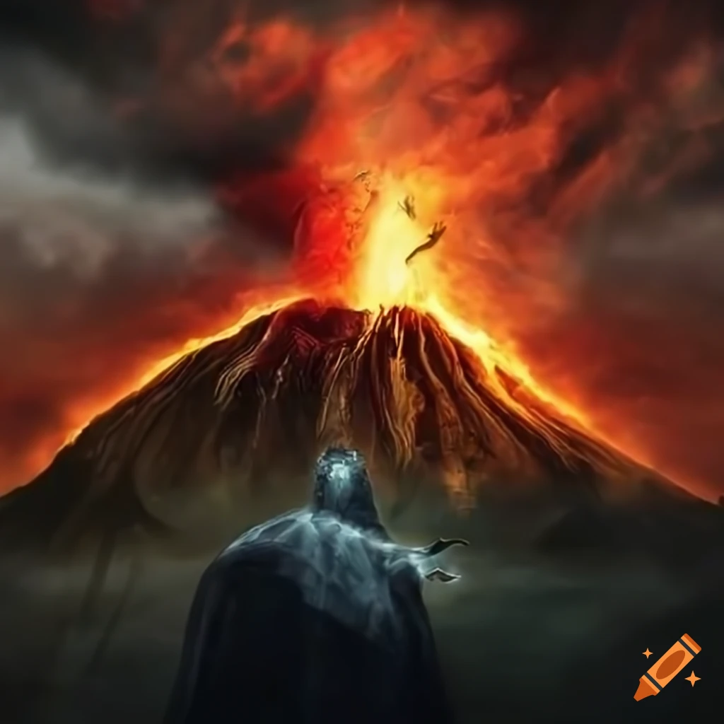 Hero standing in front of a smoky volcano with sword in hand, ready for ...