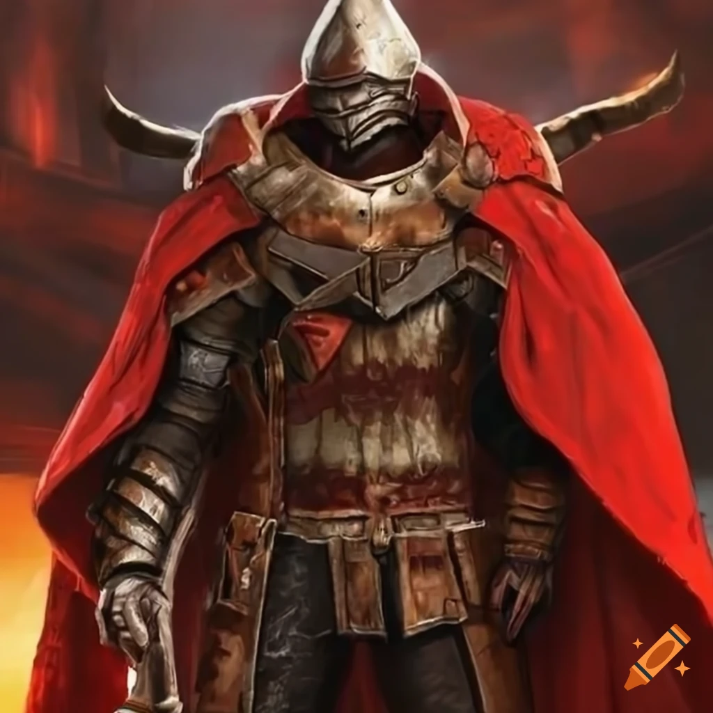 Fierce warrior with imposing armor and vibrant red cape inspired by the ...