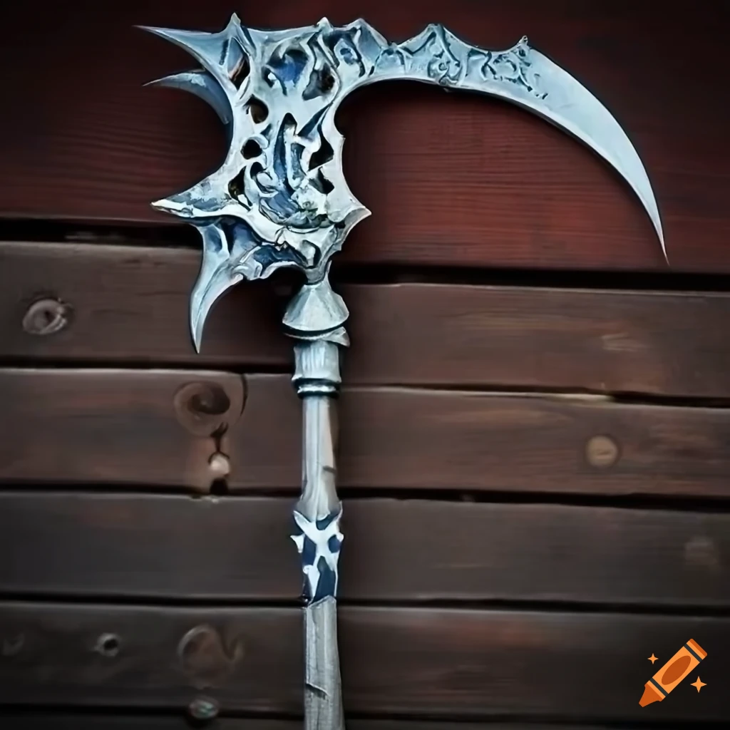 Detailed ornate battleaxe scythe hybrid melee weapon with sleek blade ...