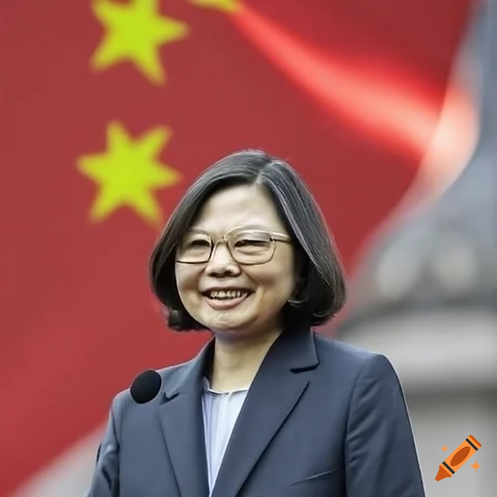 Smiling taivanese president tsai ing-wen holding the flag of china on Craiyon