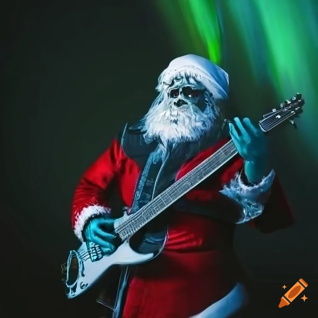 Undead santa claus playing black metal guitar with aurora borealis on ...