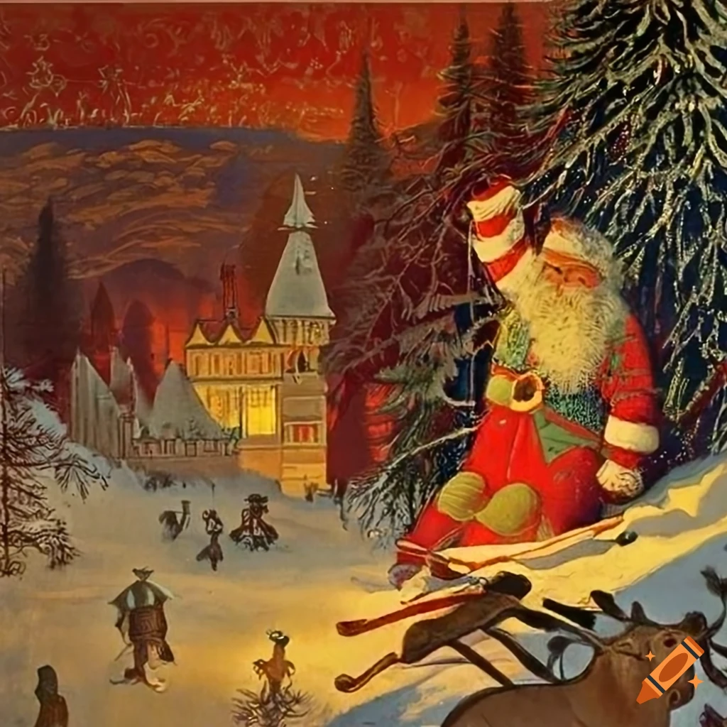Festive holiday scene with Father Christmas, snow, reindeer, and gifts ...