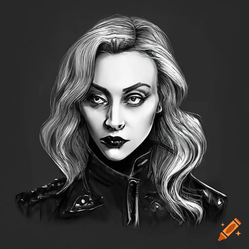 Black and white comic book style illustration of sarah gadon in a black ...