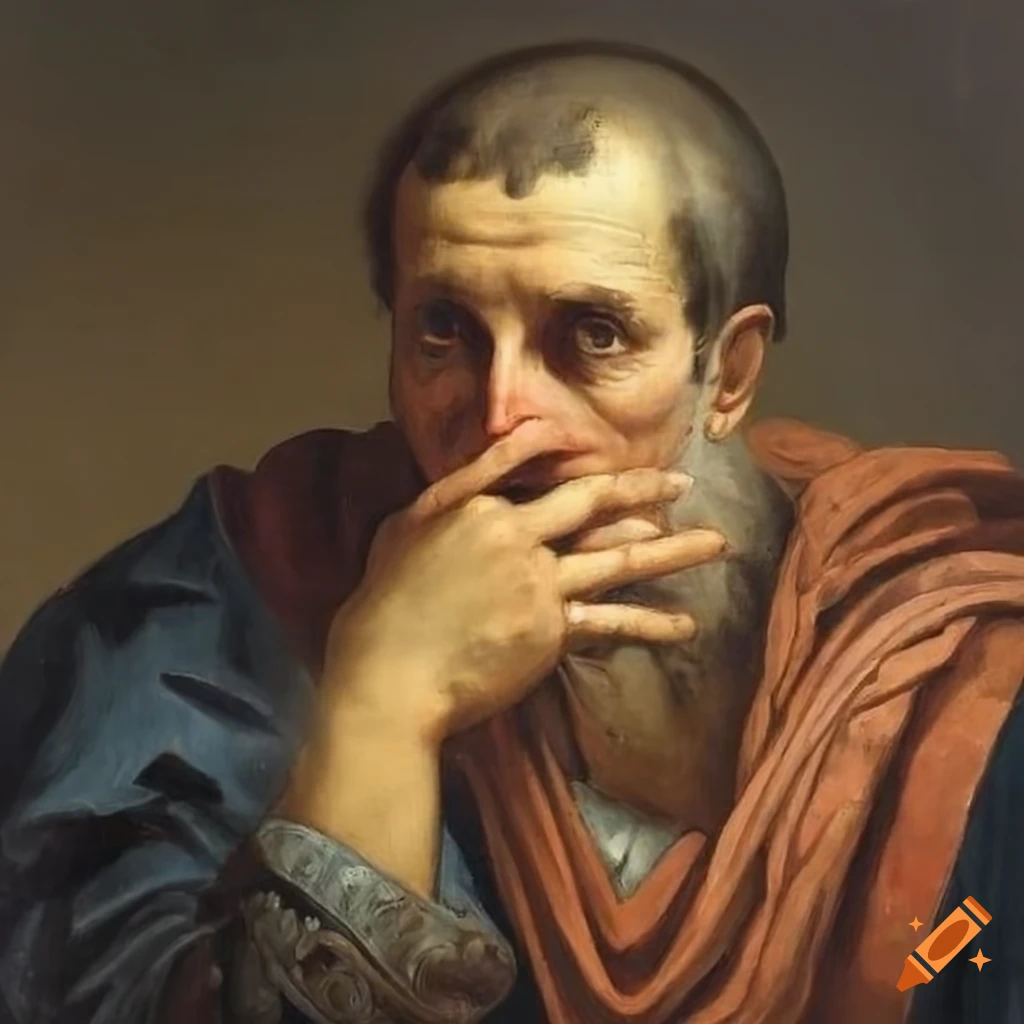 Thoughtful roman-era man sitting in a chair, contemplating work in a ...