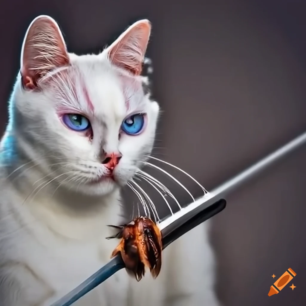 White cat with blue eyes fighting a giant cockroach with a sword on Craiyon