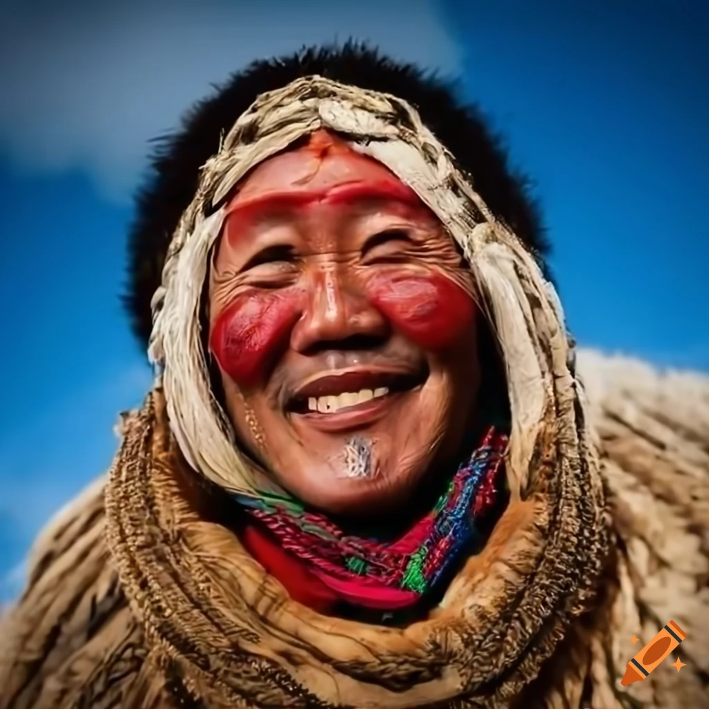 Chukchi man in traditional tribe clothes welcoming the new year with a ...