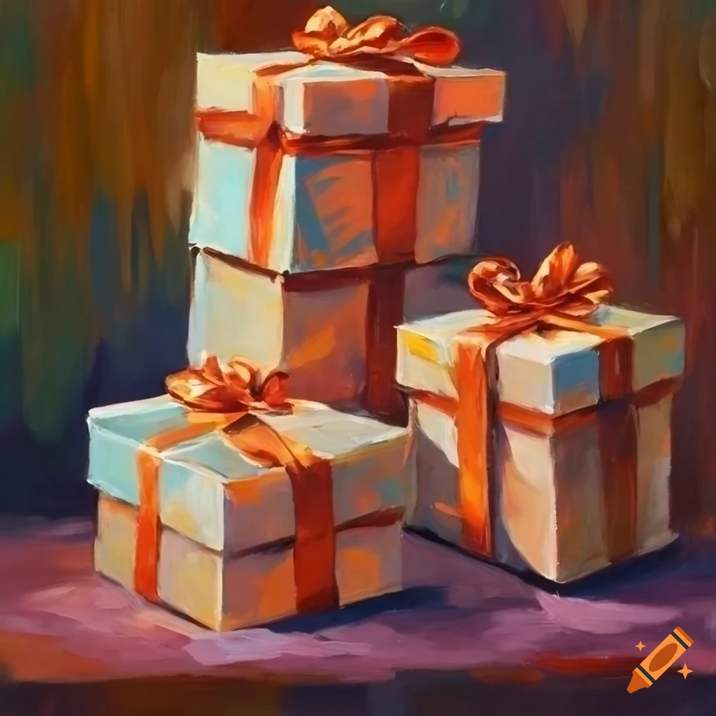 Oil paintings of gift boxes on Craiyon