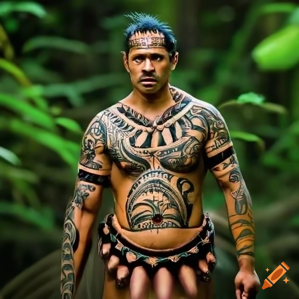 Polynesian warrior with tā moko tattoos in a lush rainforest facing the ...