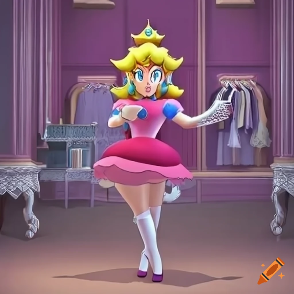 Link inspecting princess peach's high-heeled shoes in a palatial ...