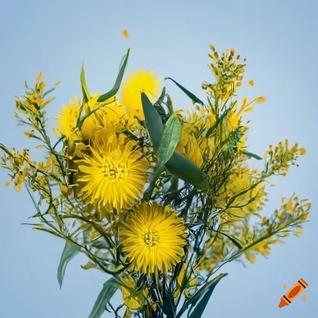 Striking bouquet of mostly yellow australian flowers on white ...