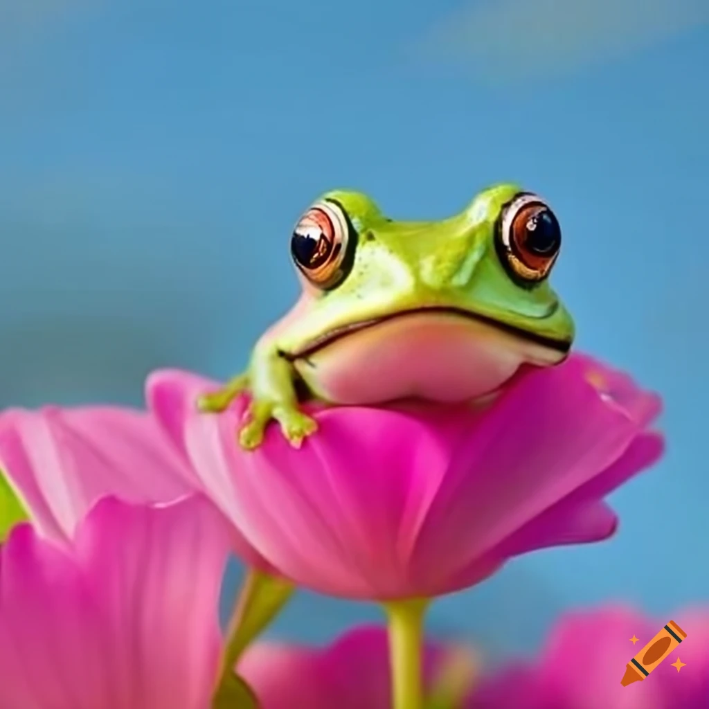 Frogs near pink flowers under a blue sky on Craiyon