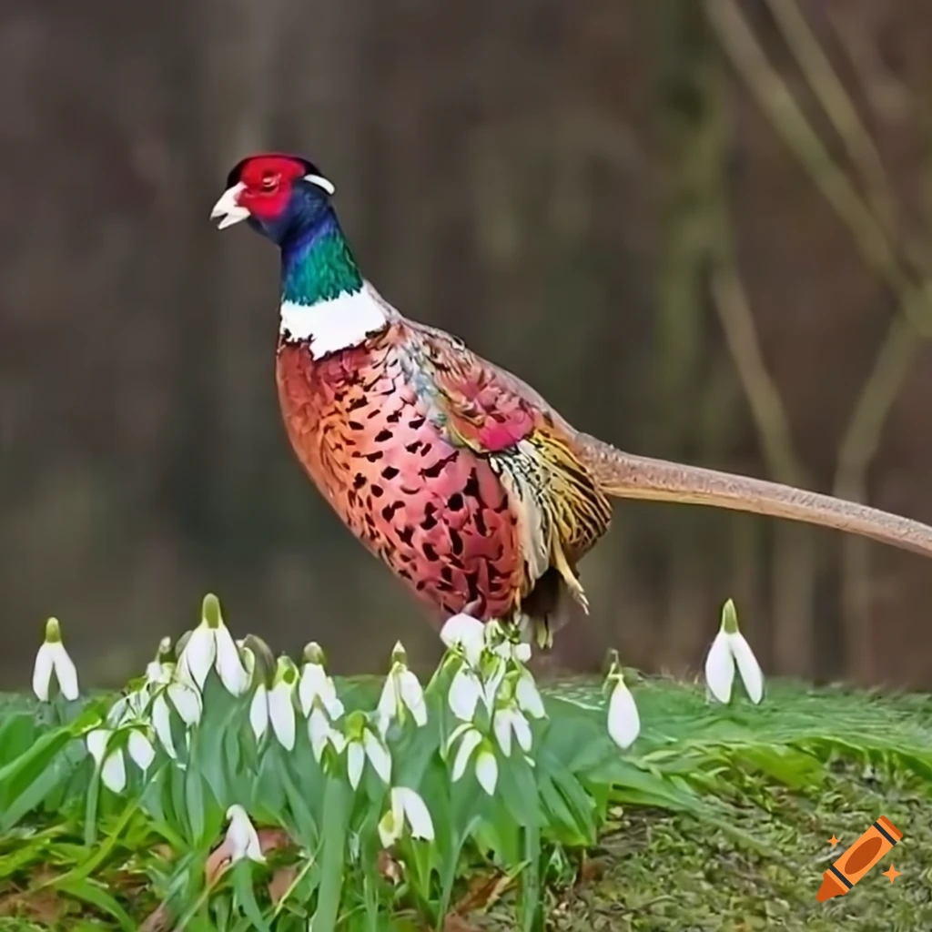 Male English pheasant standing near snowdrops and a pink rose flower on ...
