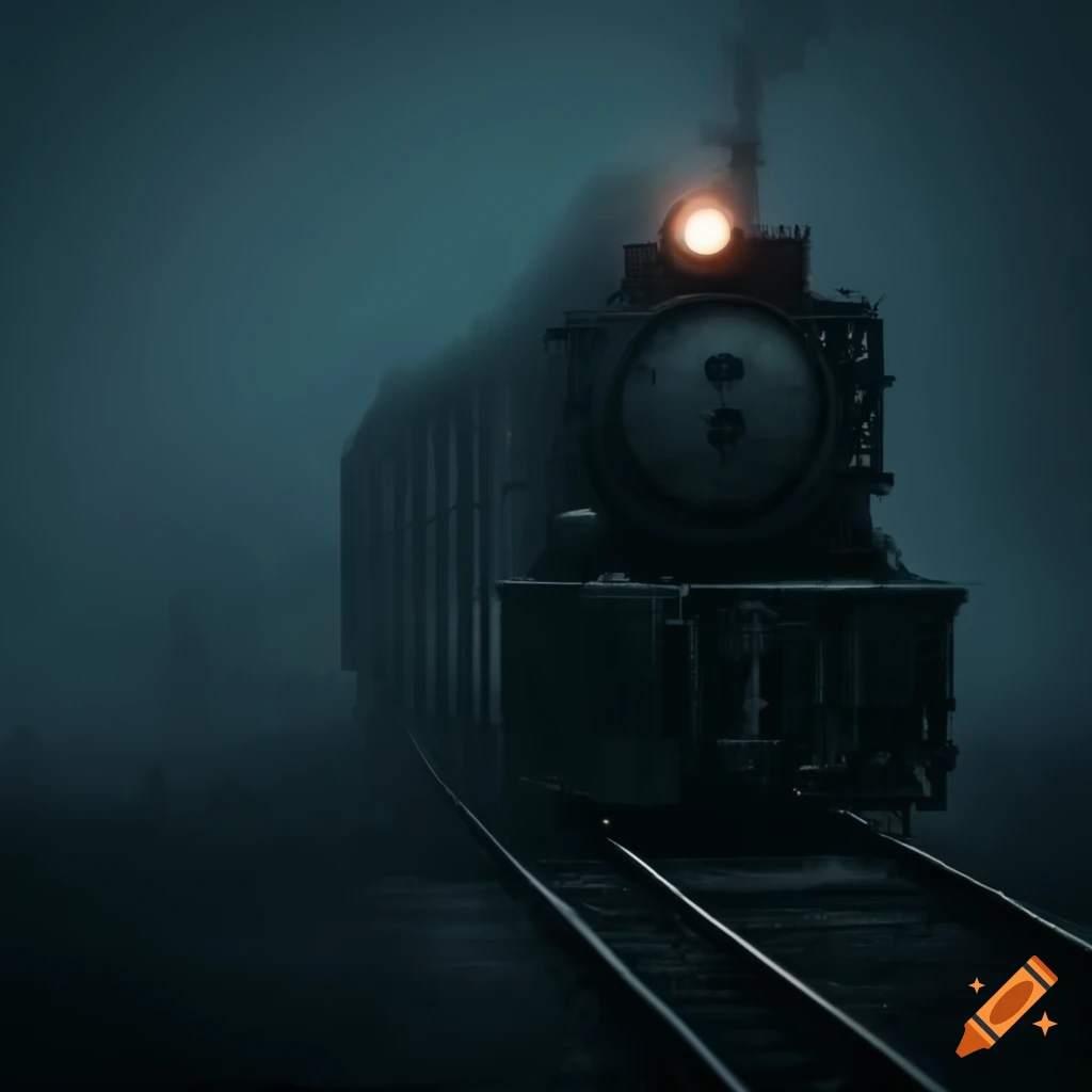 Gothic style locomotive emerging from dense fog in a dark atmosphere on ...