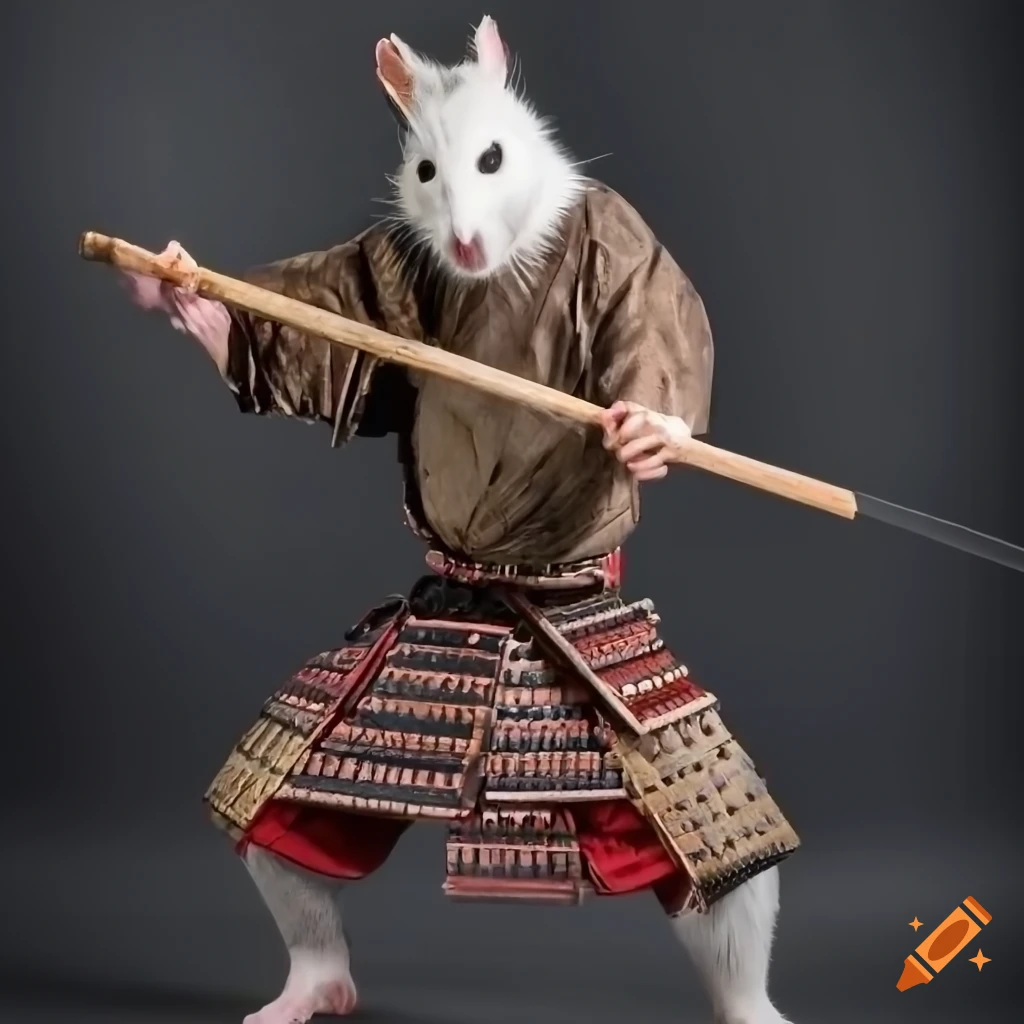 White rat samurai warrior in battle pose with wooden staff, highly ...