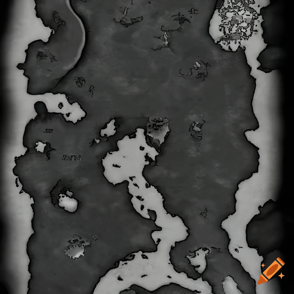 Black and white height map for a fantasy world on Craiyon