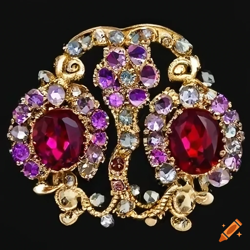 Rococo inspired brooch with sparkling ruby and colorful gemstones on Craiyon