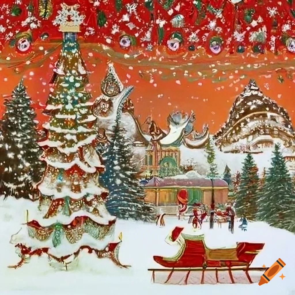 Festive holiday scene with Father Christmas in a winter wonderland with ...