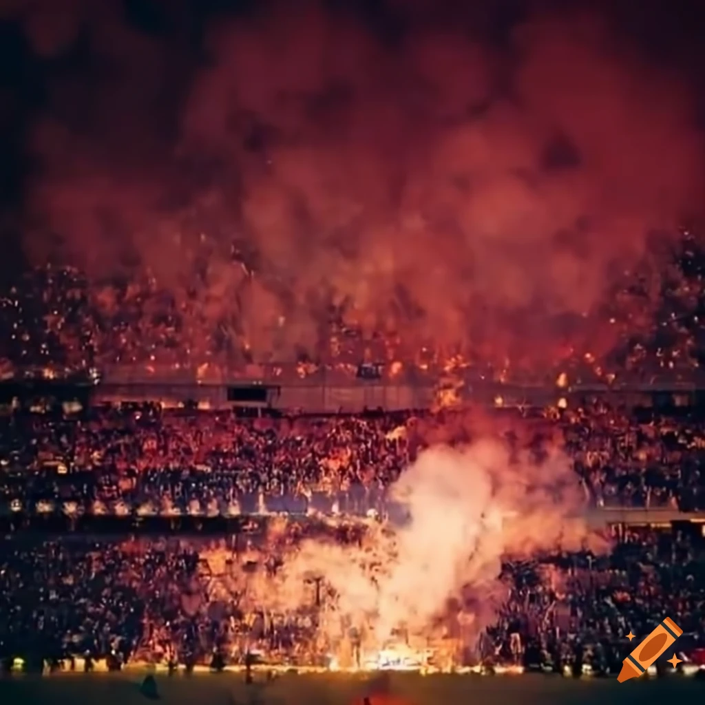Pyrotechnics and smoke flares at a crowded stadium on Craiyon