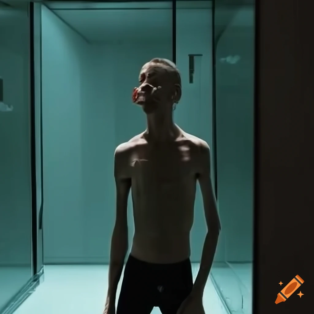 Skinny Man Trapped In Glass Booth Inside Futuristic Mirror Room On Craiyon