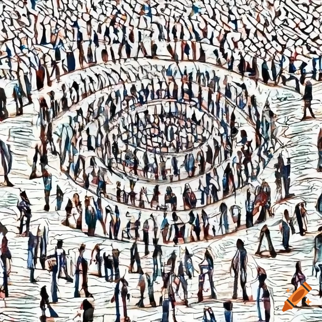 Abstract mosaic of people in a maze on Craiyon