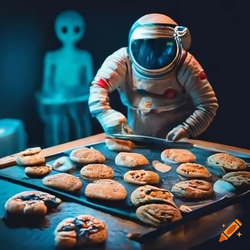 Friendly astronaut baking cookies with a group of aliens at the table ...