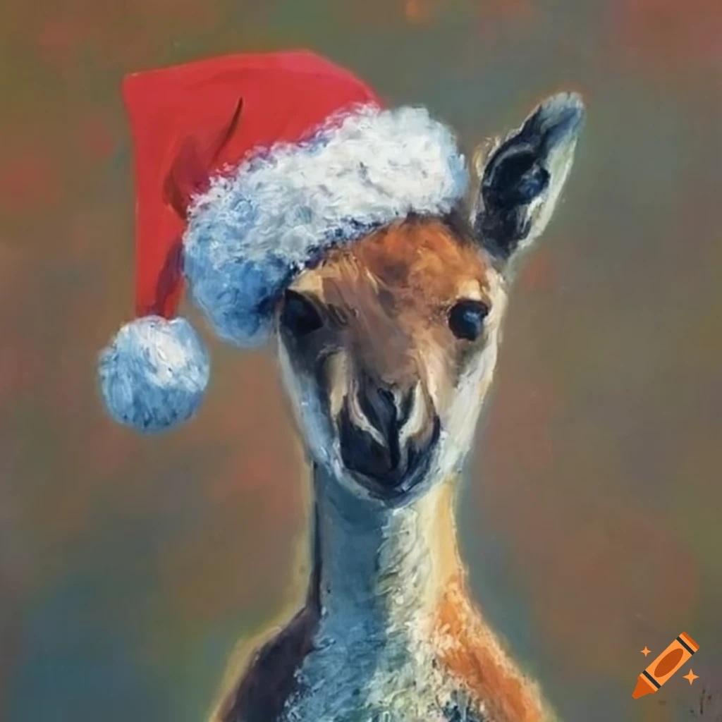 Claude monet painting of a kangaroo with a christmas hat on Craiyon