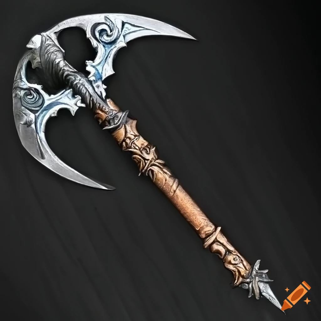 Ornate and detailed battleaxe scythe hybrid melee weapon with a sleek ...