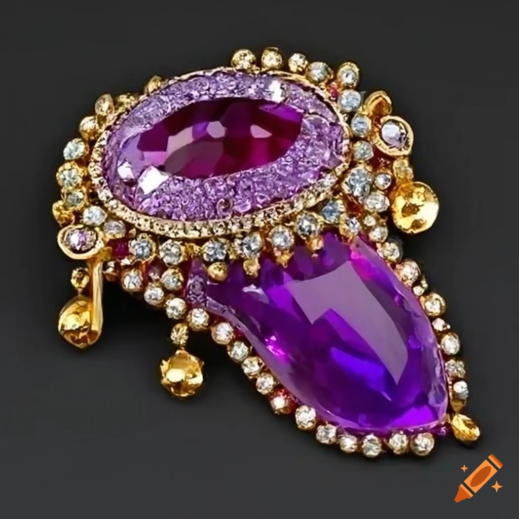 Rococo-inspired brooch with sparkling ruby and gemstones in ruby red ...