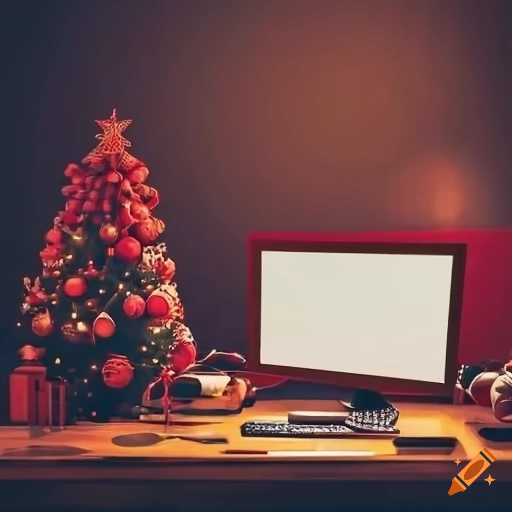 Home office with personal computer and christmas tree on Craiyon