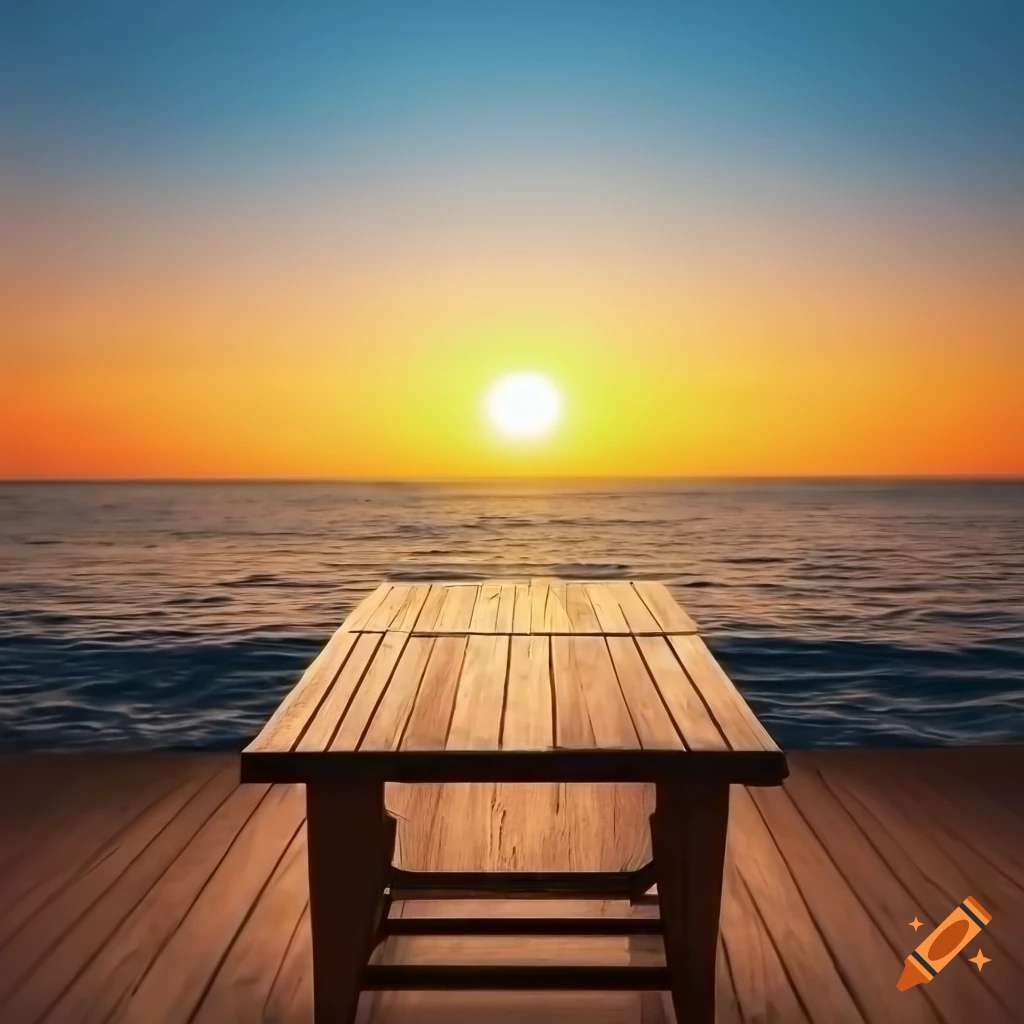 Wooden table with a view of the sea and sunset on Craiyon