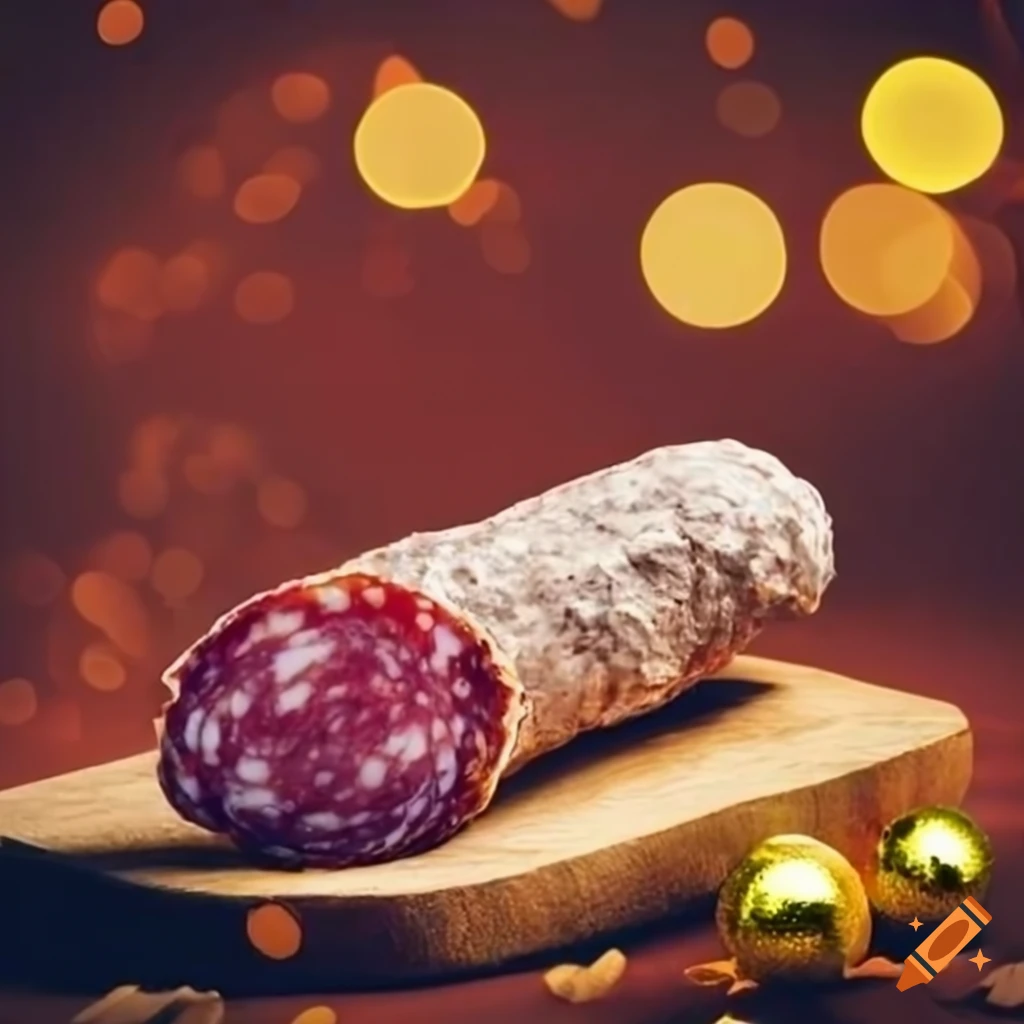 Hungarian salami with christmas decoration bokeh on Craiyon