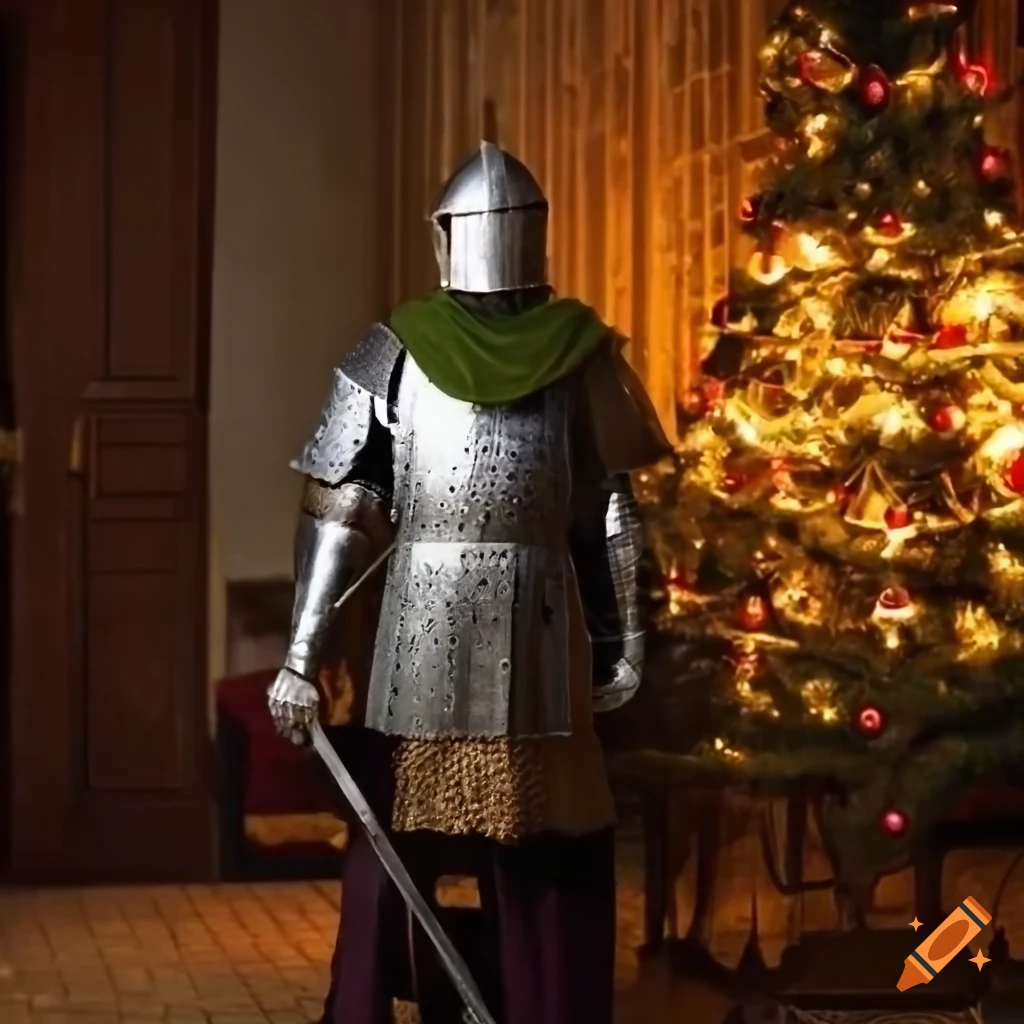 Medieval knight standing next to a christmas tree on Craiyon