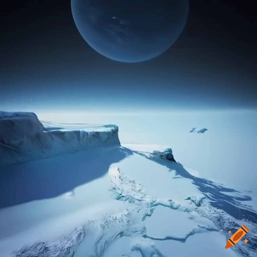 Snowy cliffs on a cold, icy planet with black sky in deep space on Craiyon