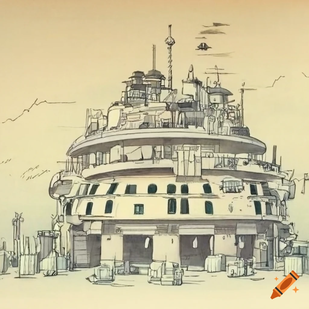 Technical drawing of a bulbous shaped martian city in Hayao Miyazaki's ...