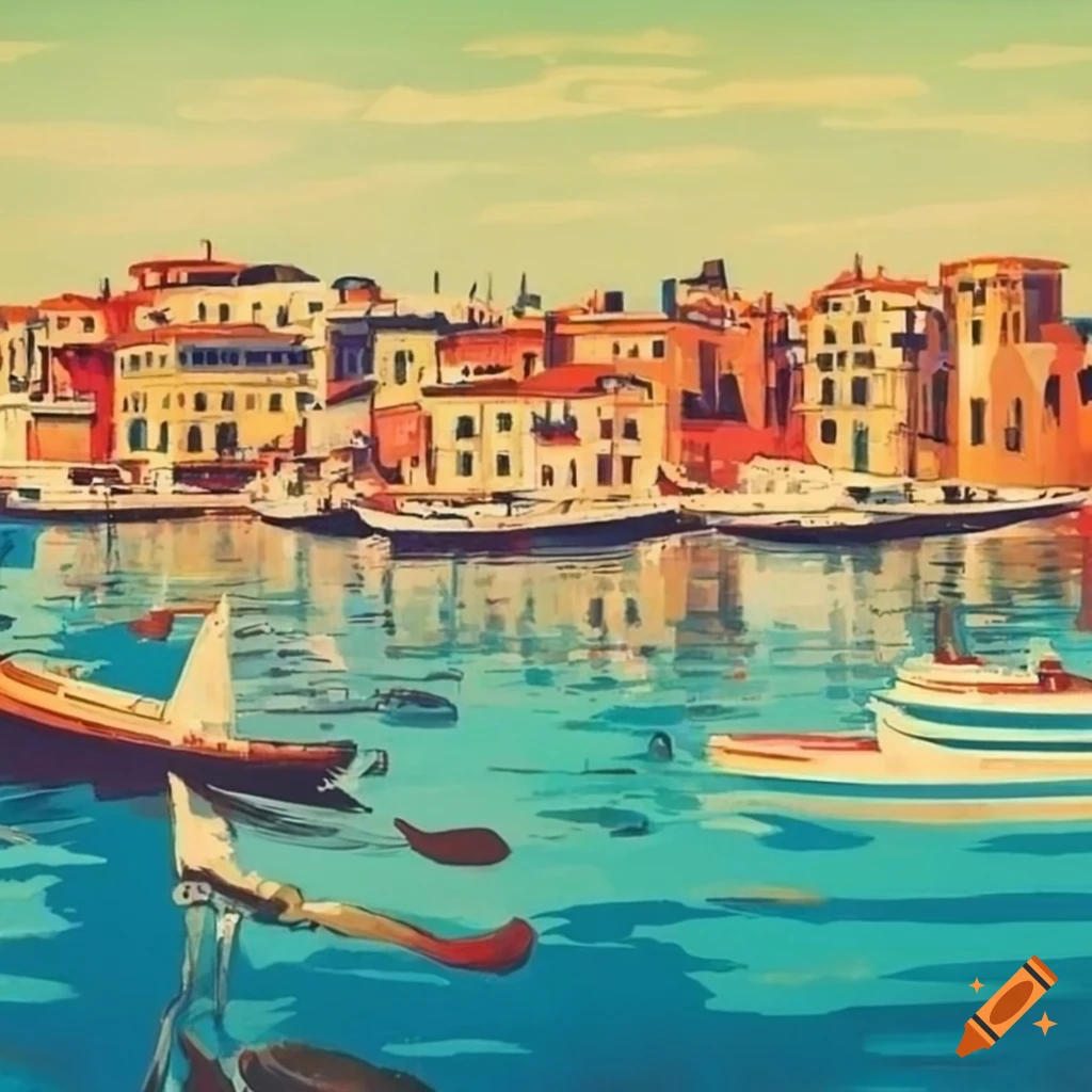 Vintage poster of a mediterranean city port on Craiyon