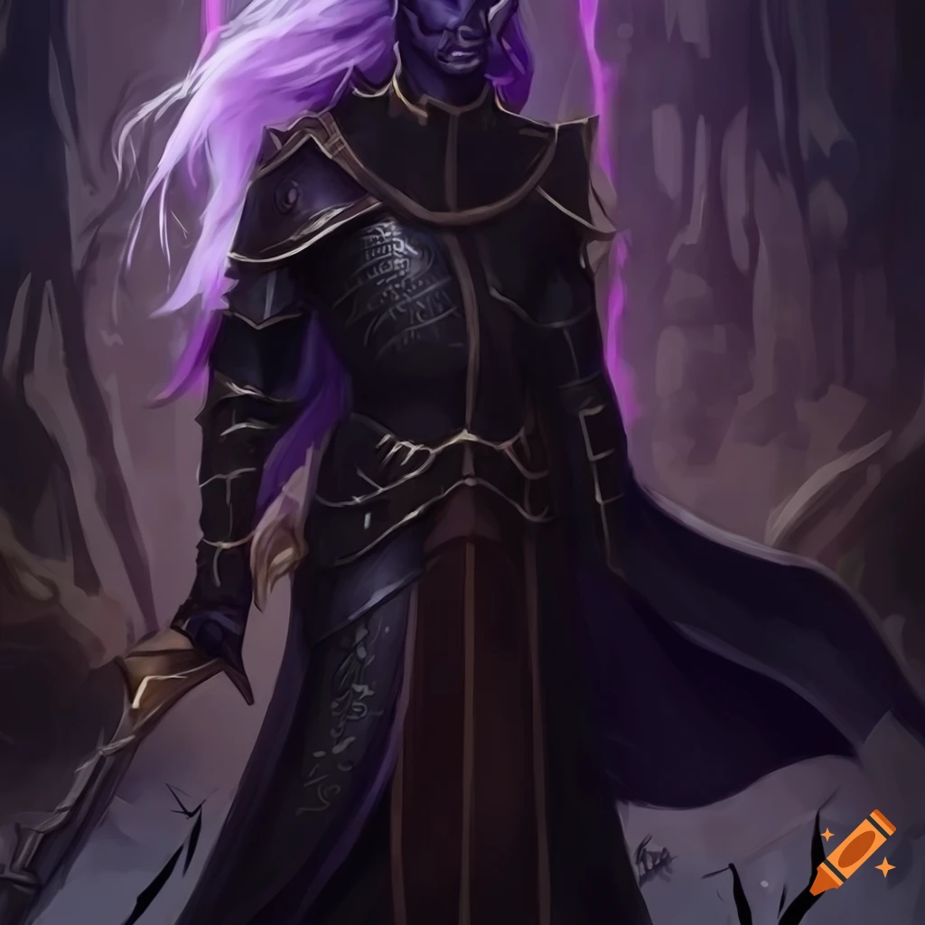 Fantasy artwork of a male drow priest of vhaeraun with piercing orange ...