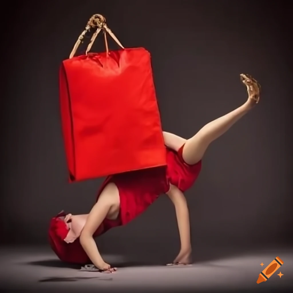 Woman falling with a red bag in a photo studio on Craiyon