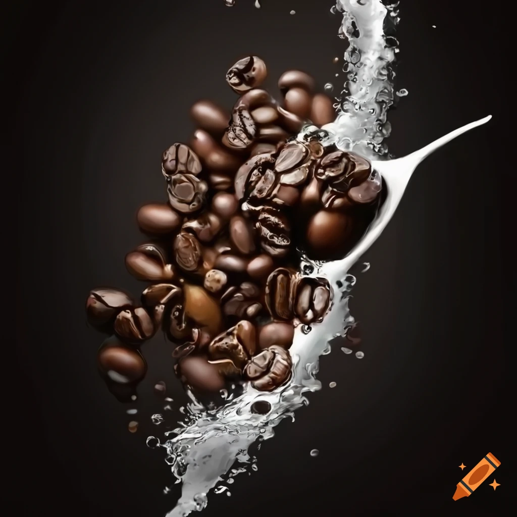 Coffee beans floating on splashing coffee in realistic style on Craiyon