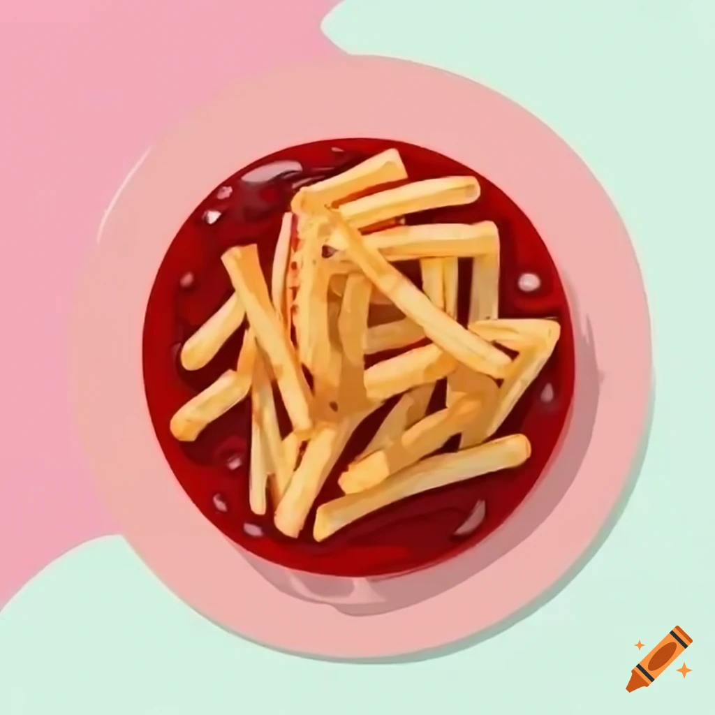 Plate of french fries with ketchup in anime style on Craiyon