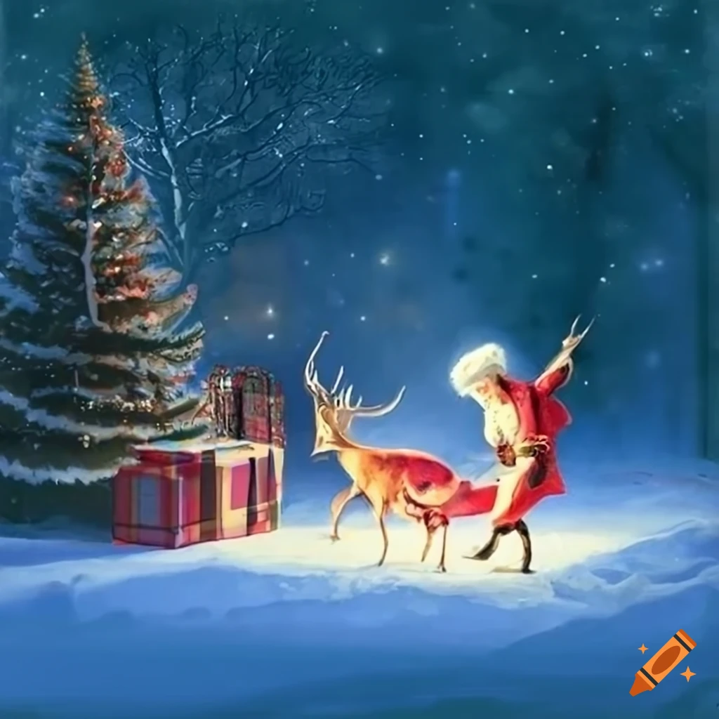 Father Christmas dancing with deer in a winter wonderland on Craiyon