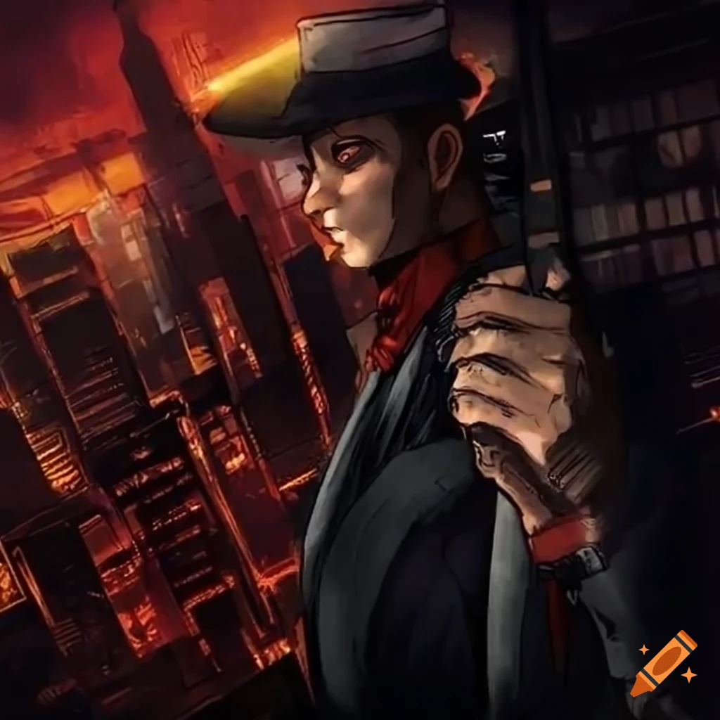 Edgy comic book vigilante overlooking the city in noire setting on Craiyon