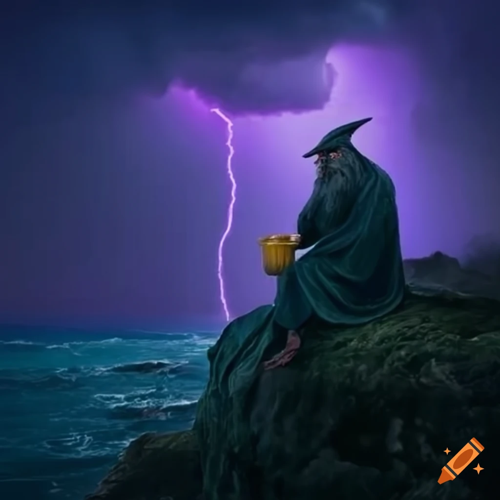 Sad wizard sitting on a cliff overlooking a raging ocean in a ...