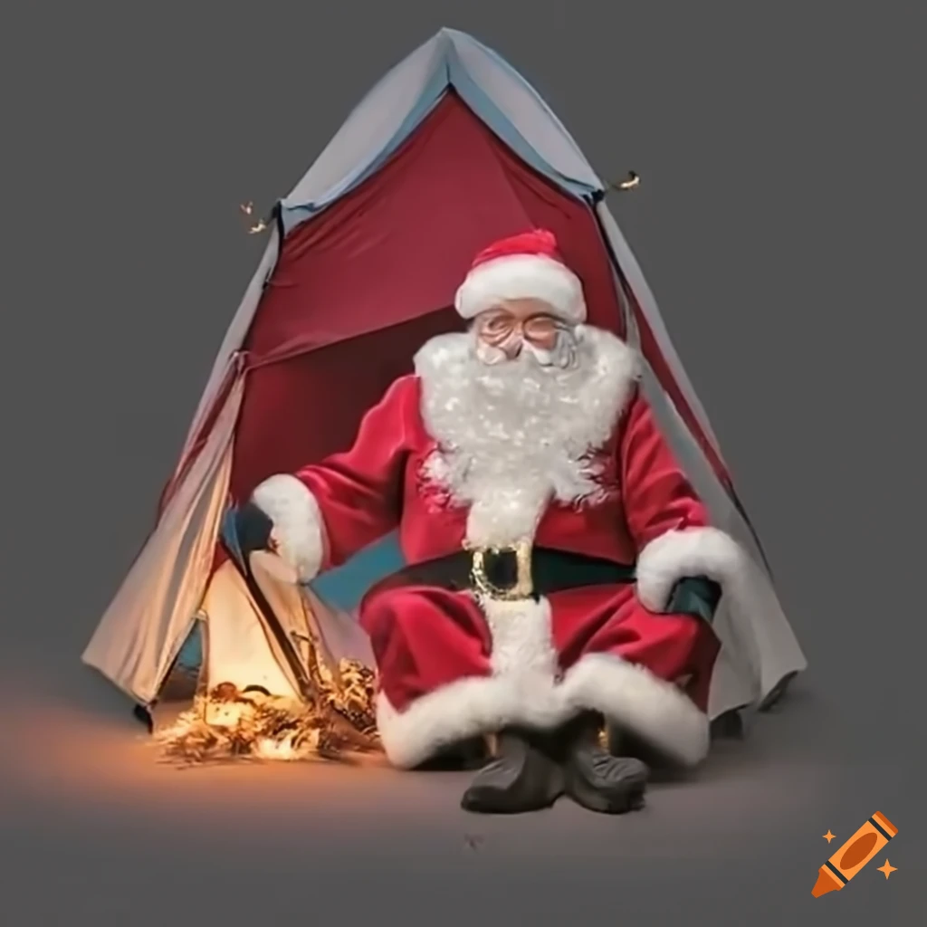 Santa sitting in front of a tent roasting marshmallows on Craiyon