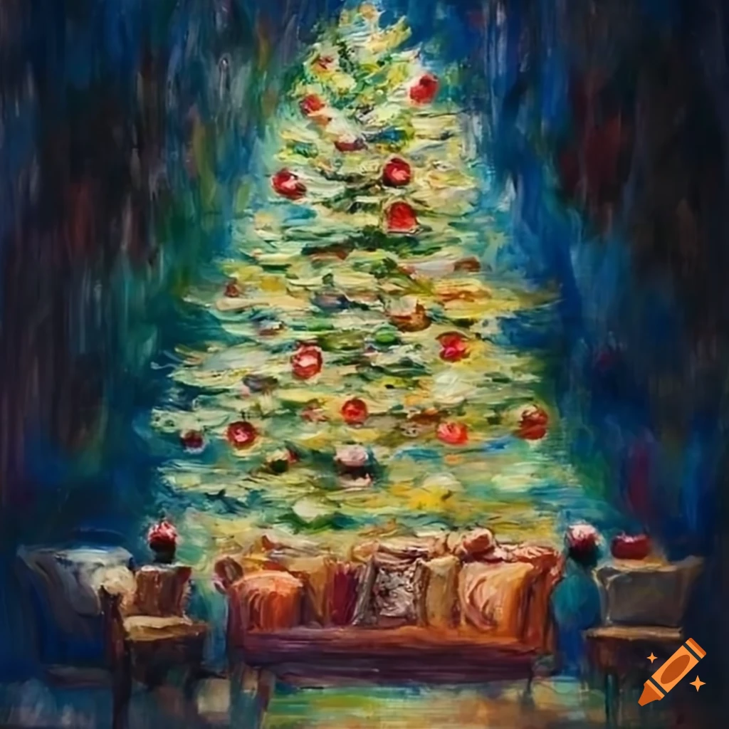 Monet inspired painting of a christmas tree in a cosy living room on ...