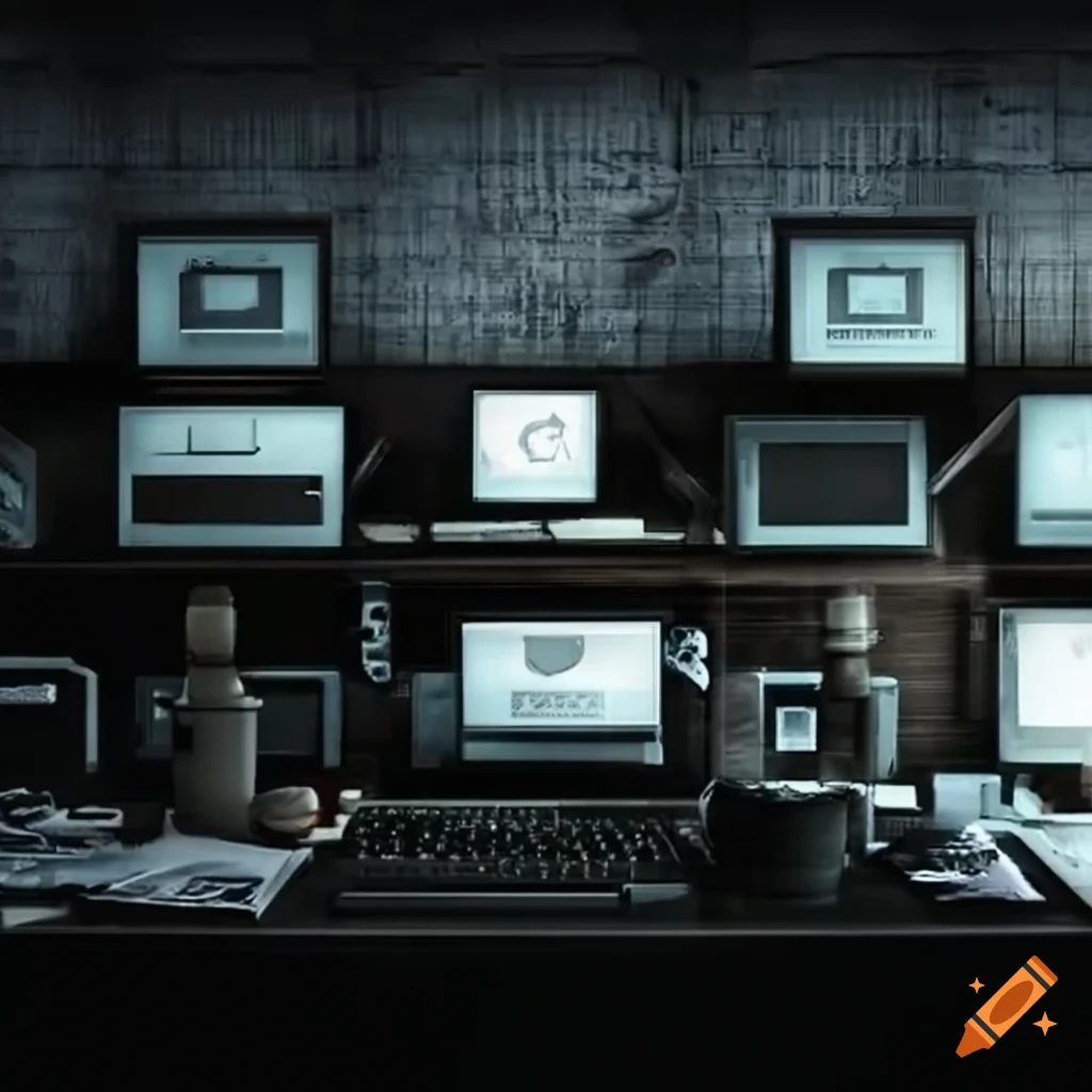 Dimly lit room with multiple computer monitors and hacker-themed ...